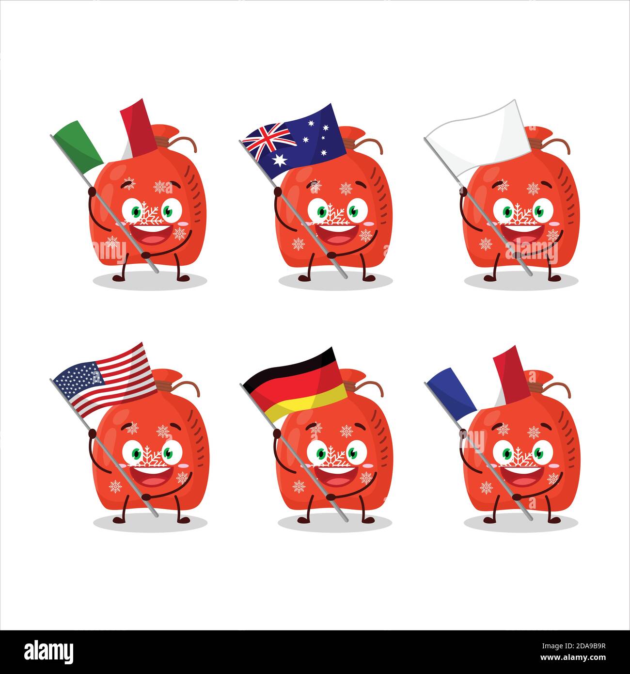 Red Santa Bag Cartoon Character Bring The Flags Of Various Countries