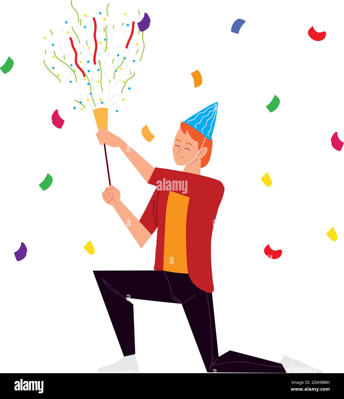 man with party hat and horn confetti celebration vector illustration ...