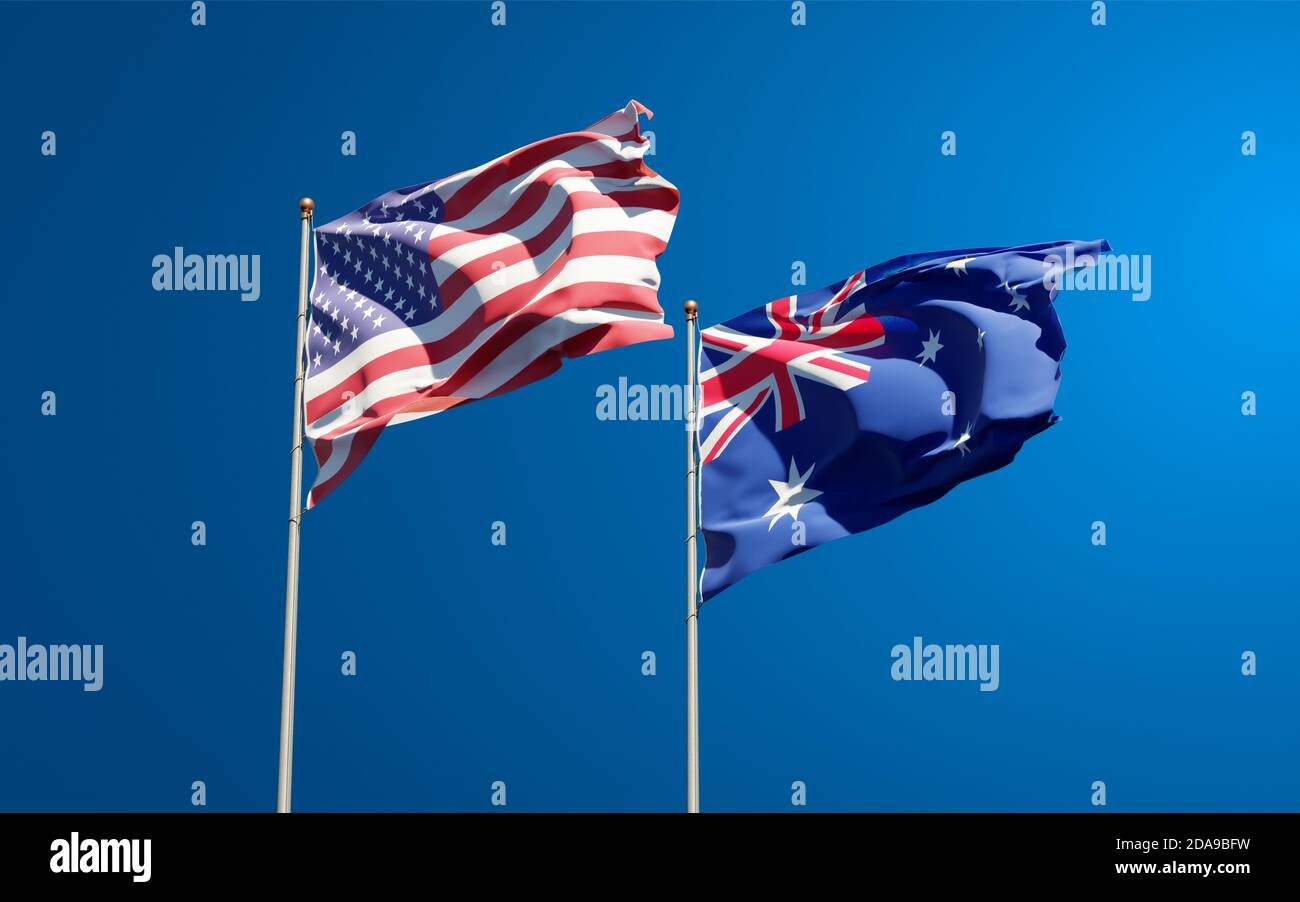 Beautiful national state flags of Australia and USA together at the sky ...
