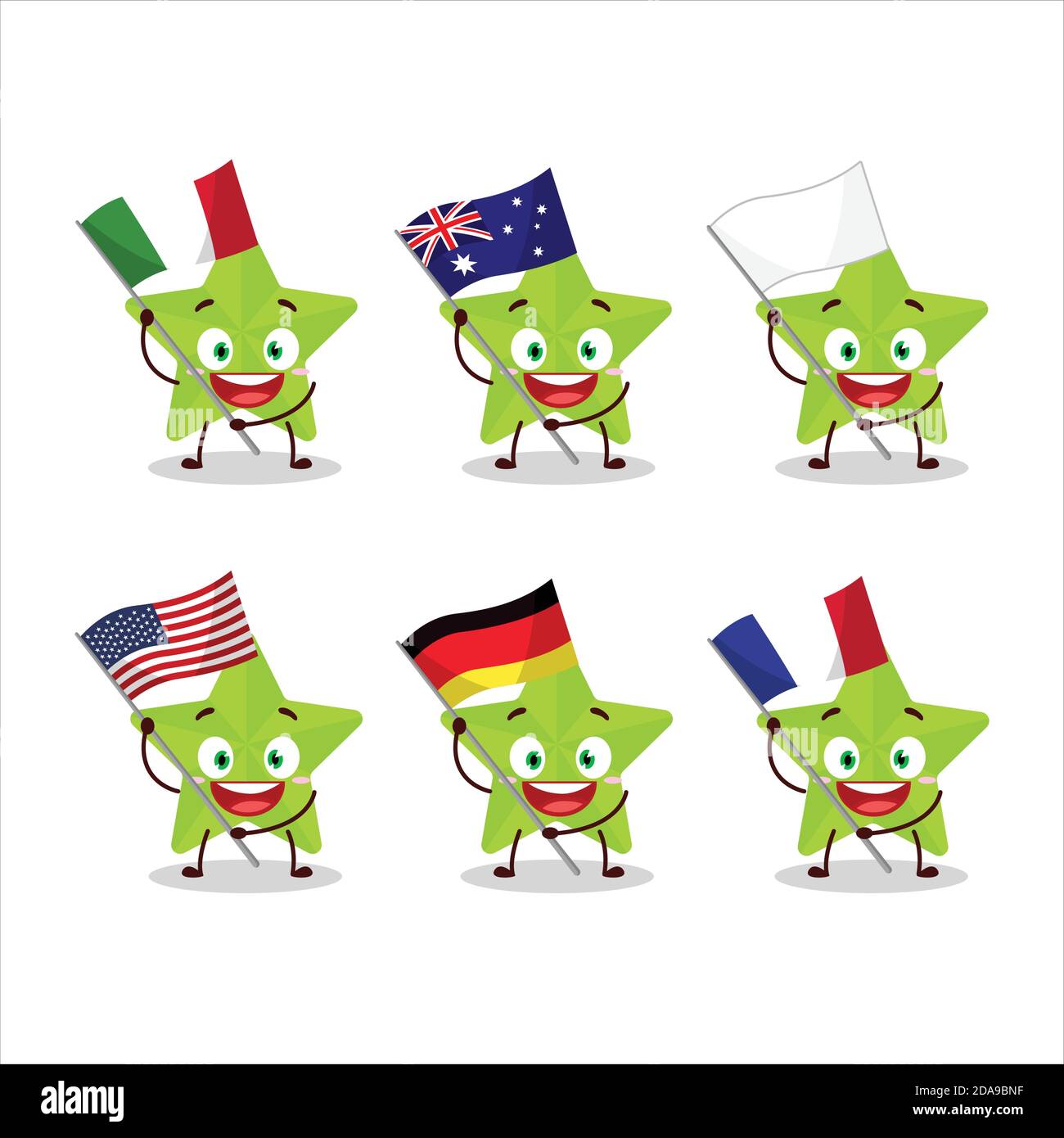 New Green Stars Cartoon Character Bring The Flags Of Various Countries