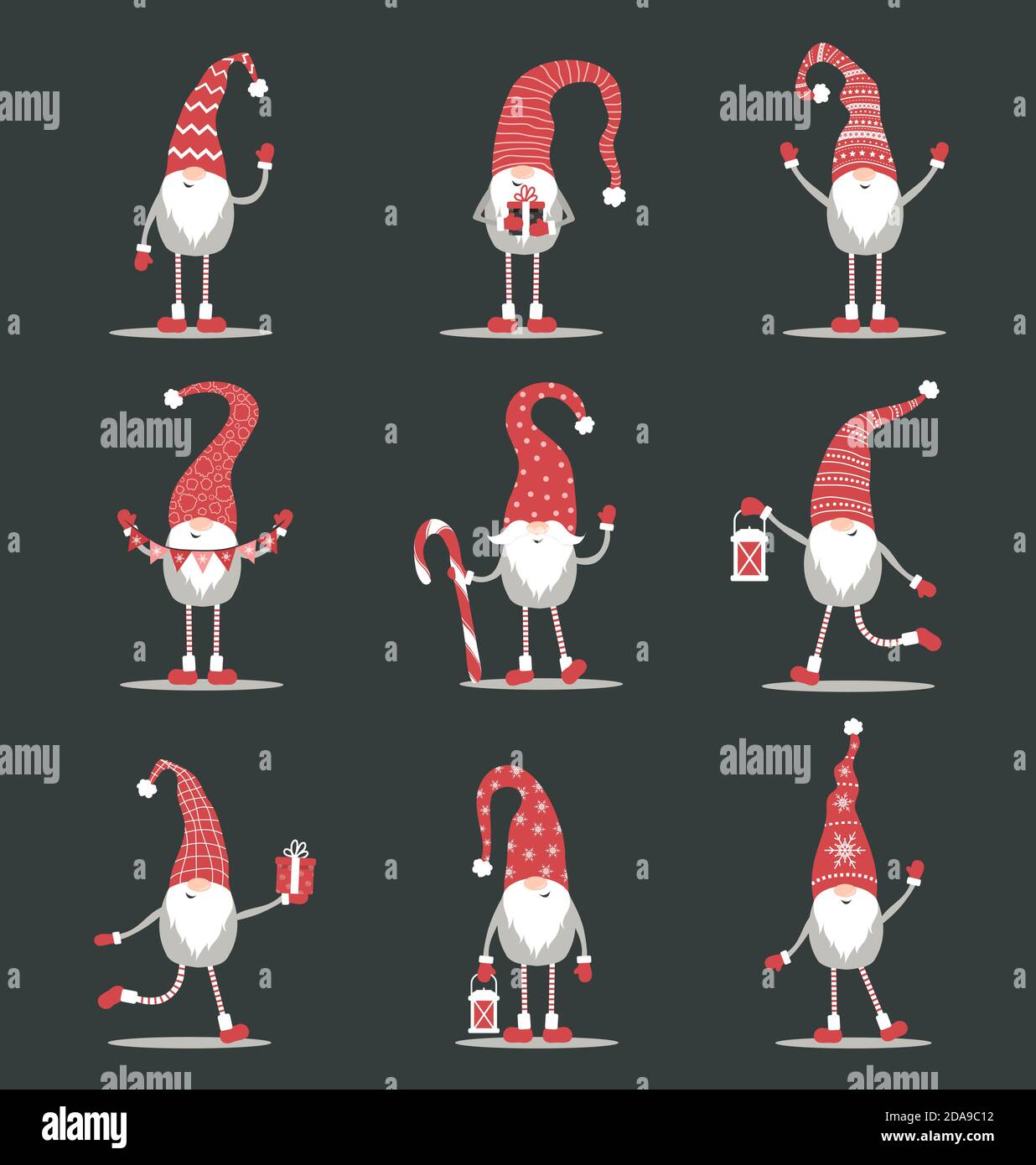 Cute gnomes in red santa hats on black background. Scandinavian ...