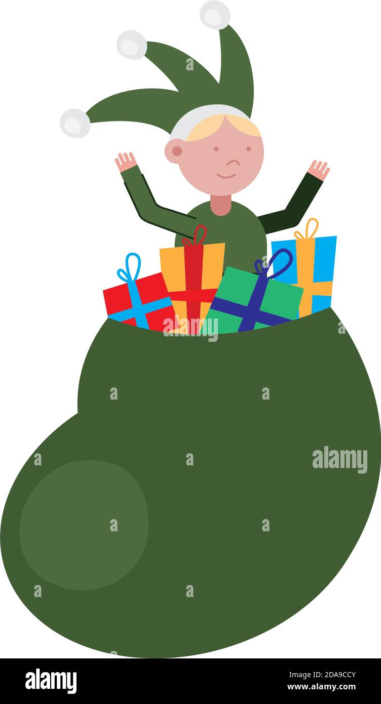 elf santa helper in gifts bag christmas character vector illustration ...