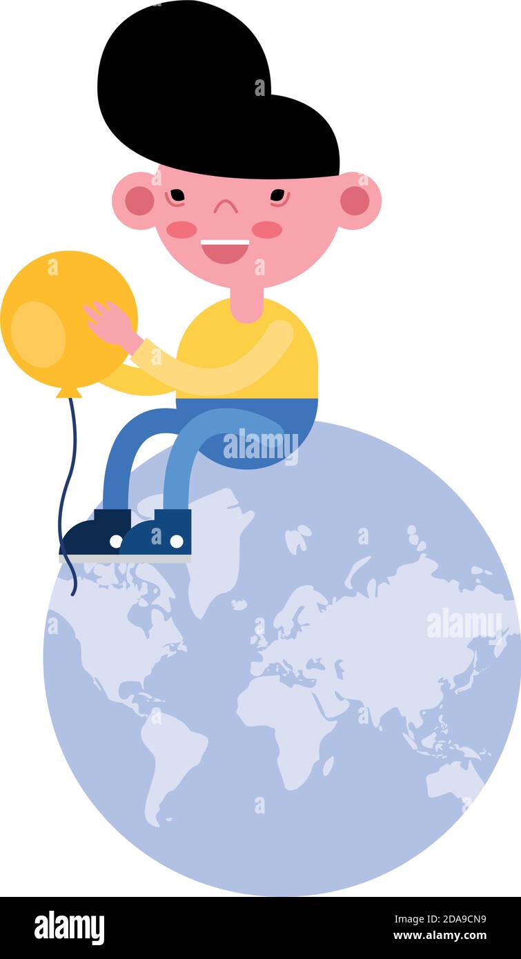 cute little boy with balloon helium seated in earth planet vector ...