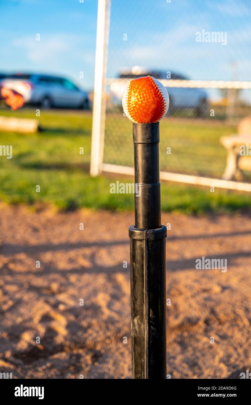 youth sport of baseball using a practice tee Stock Photo - Alamy