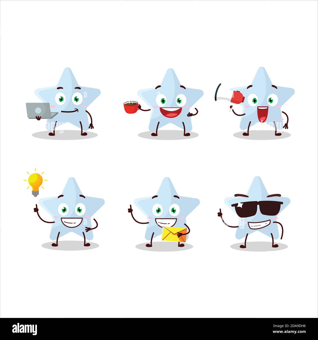 Blue star cartoon character with various types of business emoticons ...