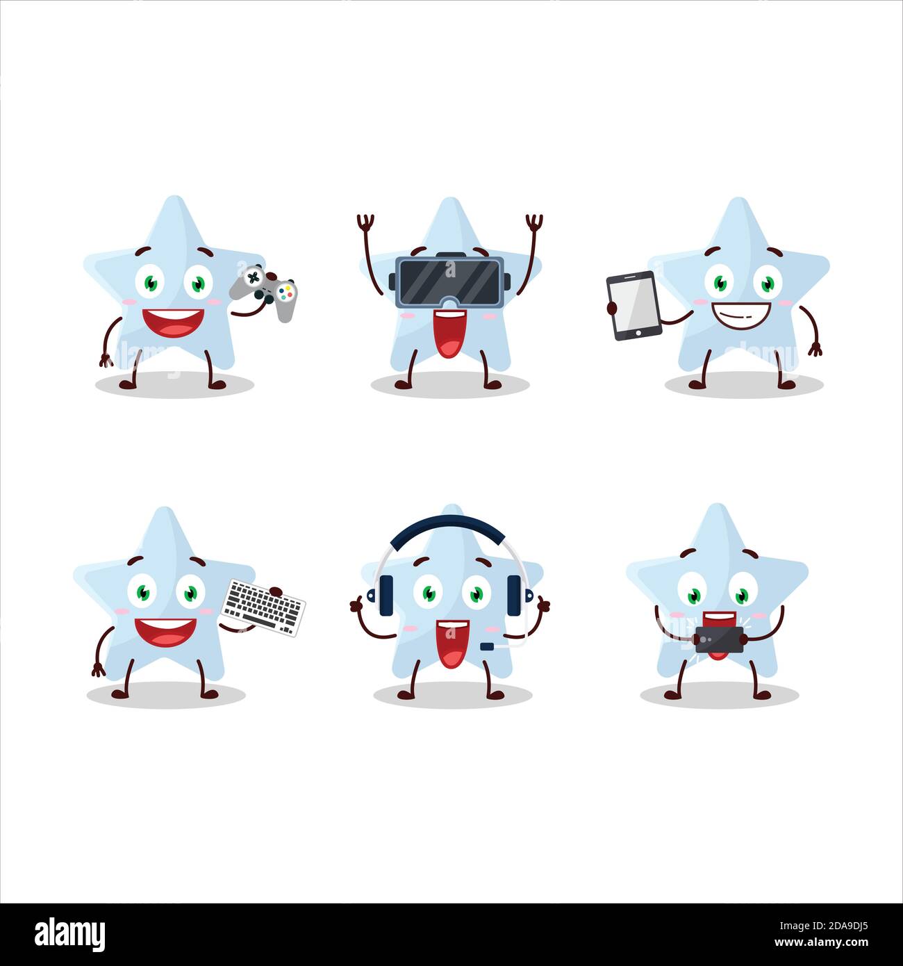 Blue star cartoon character are playing games with various cute ...