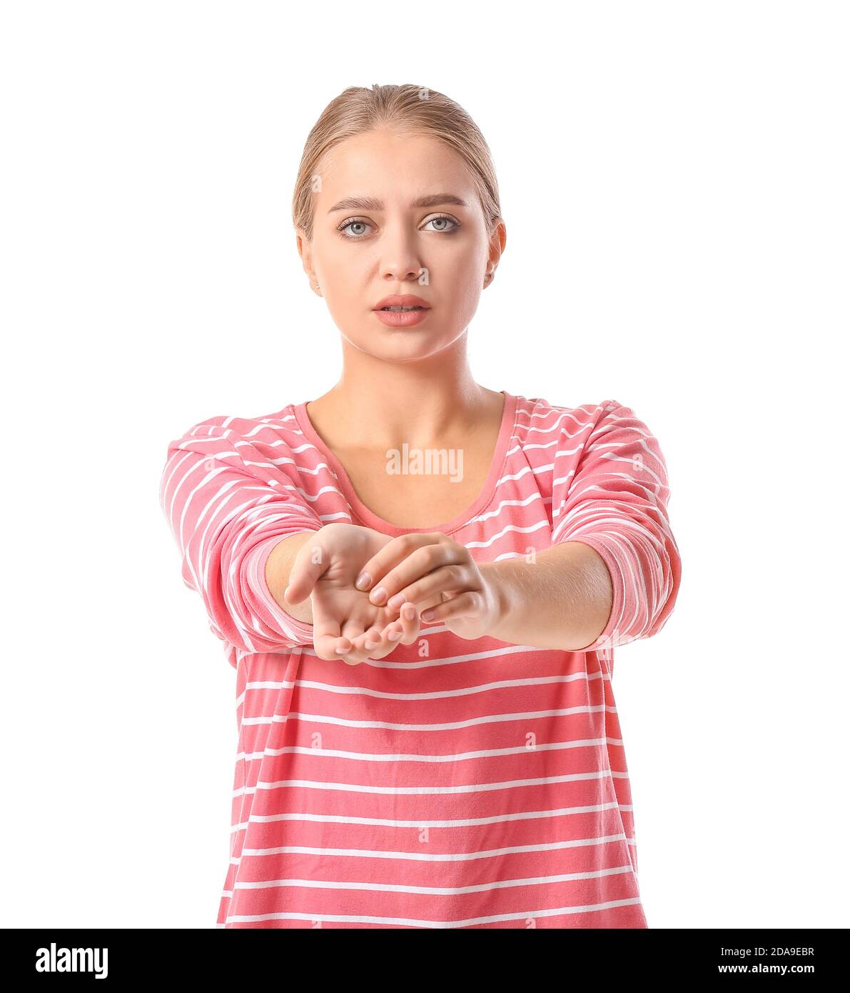 Woman with problem of limbs numbness on white background. Diabetes ...