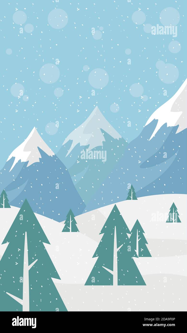 snow scape seasonal scene with pines and mountains in storm vector ...