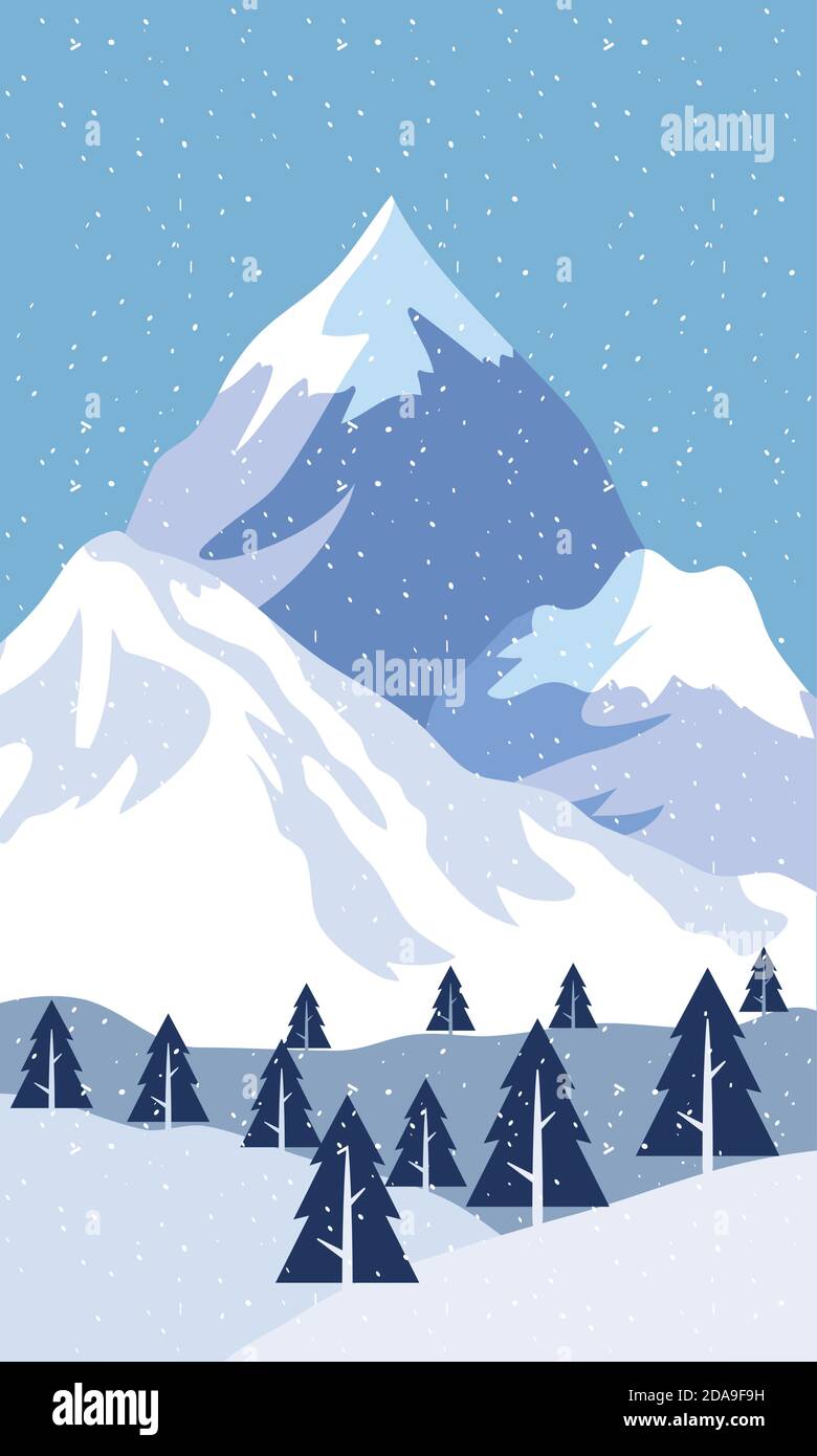snow scape seasonal scene with pines and mountain vector illustration ...