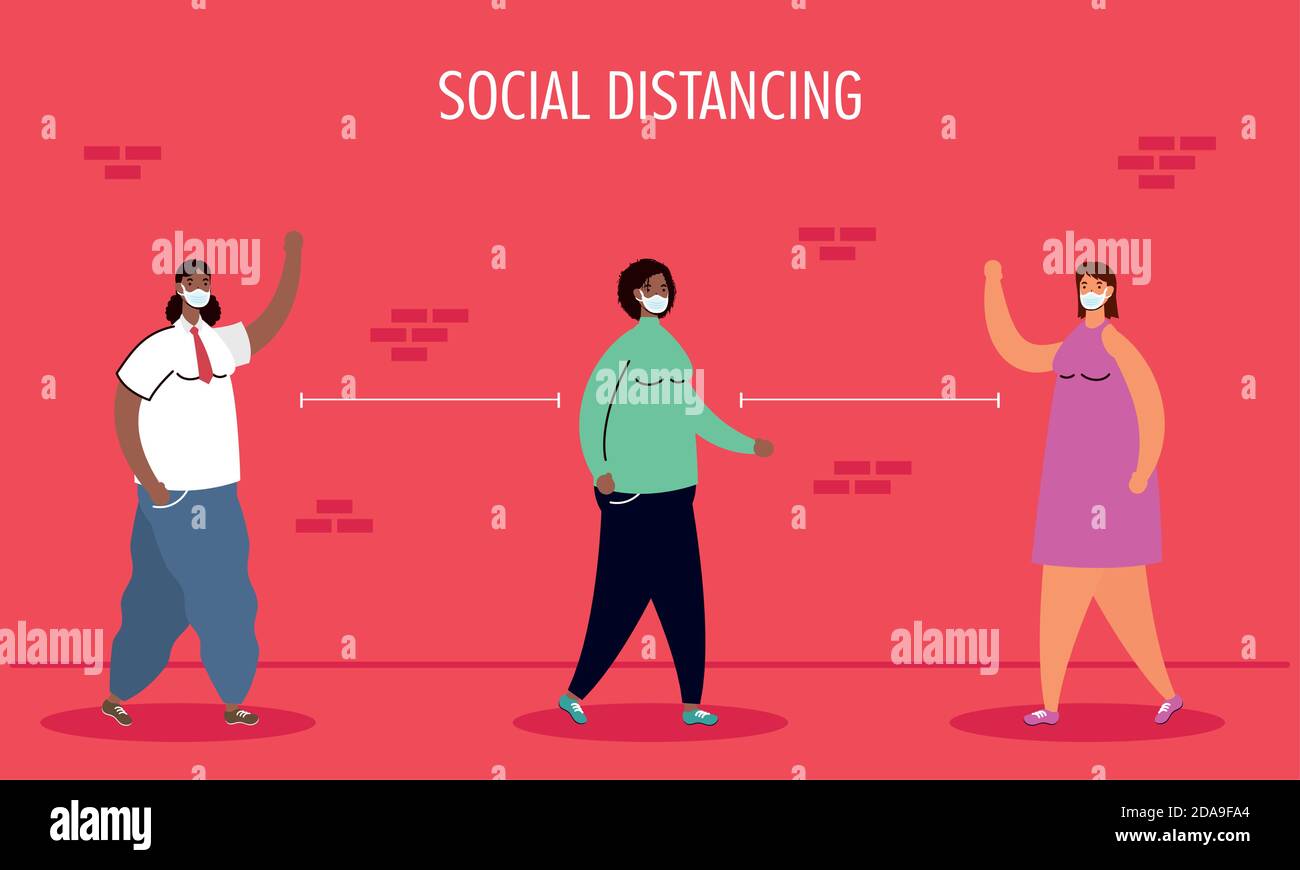 interracial women group practicing social distancing characters vector ...