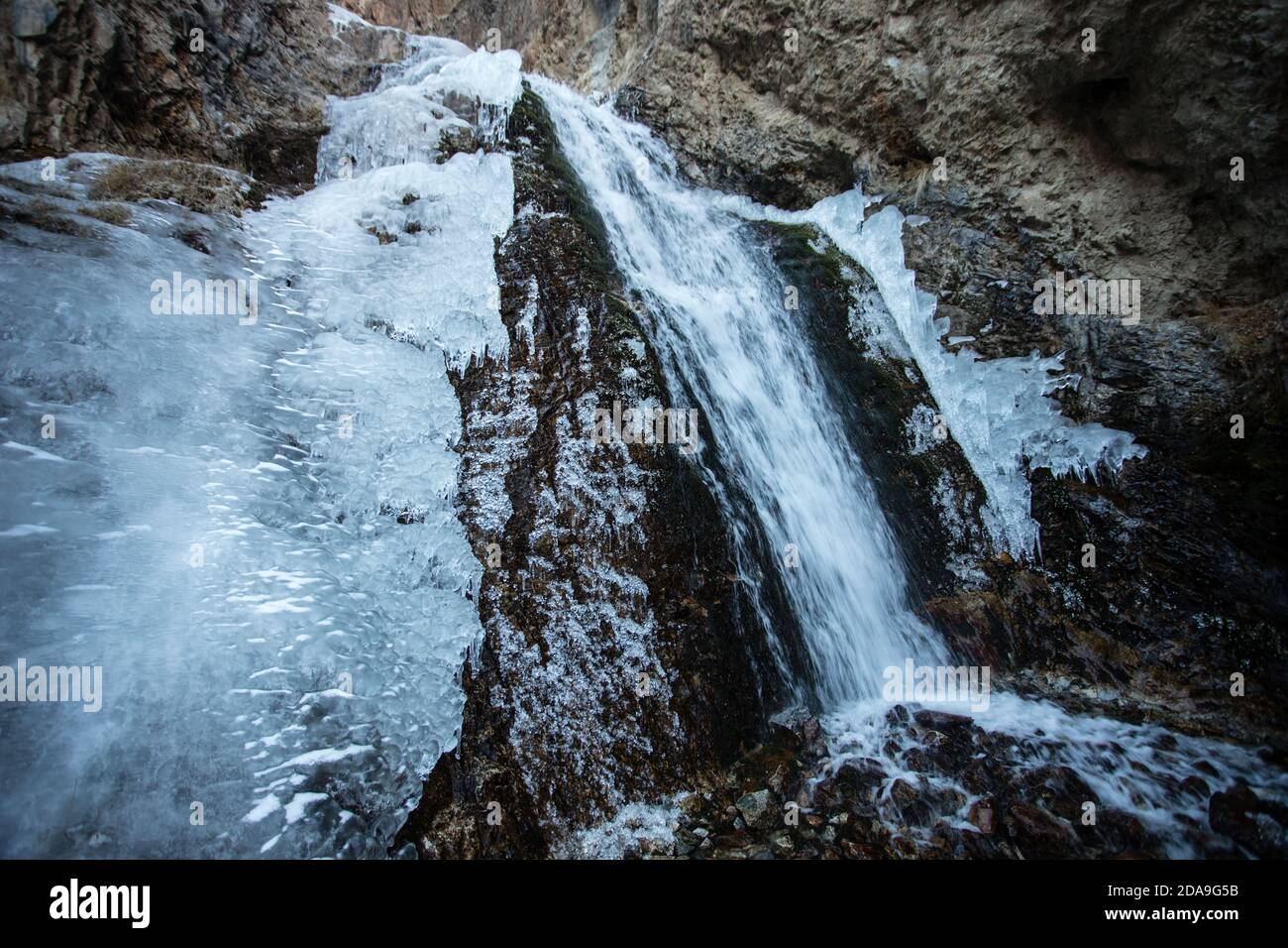 Hiking to the frozen waterfall at Issyk Ata in Kyrgyzstan's Chuy Oblast ...