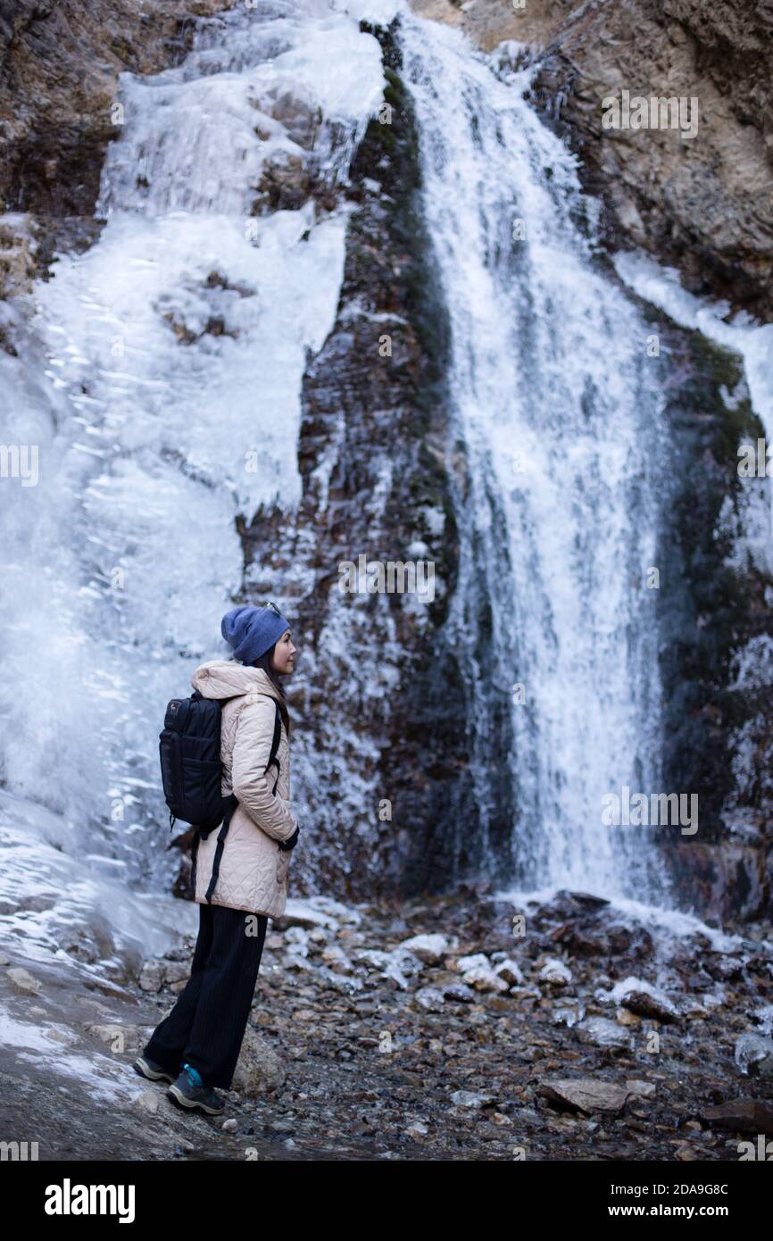 Hiking to the frozen waterfall at Issyk Ata in Kyrgyzstan's Chuy Oblast ...