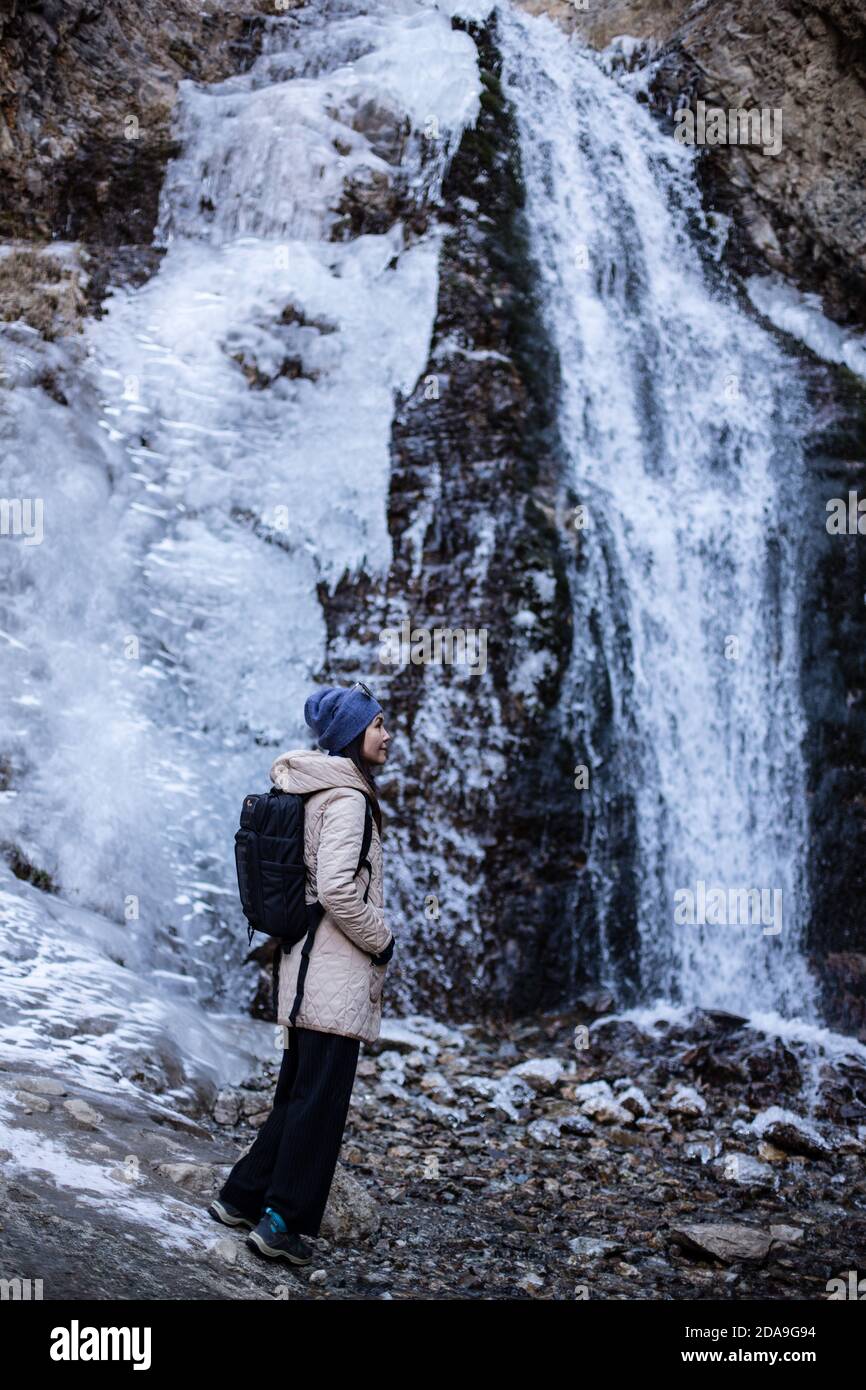Hiking to the frozen waterfall at Issyk Ata in Kyrgyzstan's Chuy Oblast ...