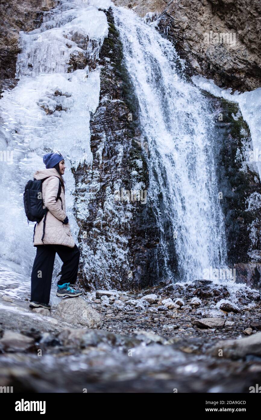 Hiking to the frozen waterfall at Issyk Ata in Kyrgyzstan's Chuy Oblast ...