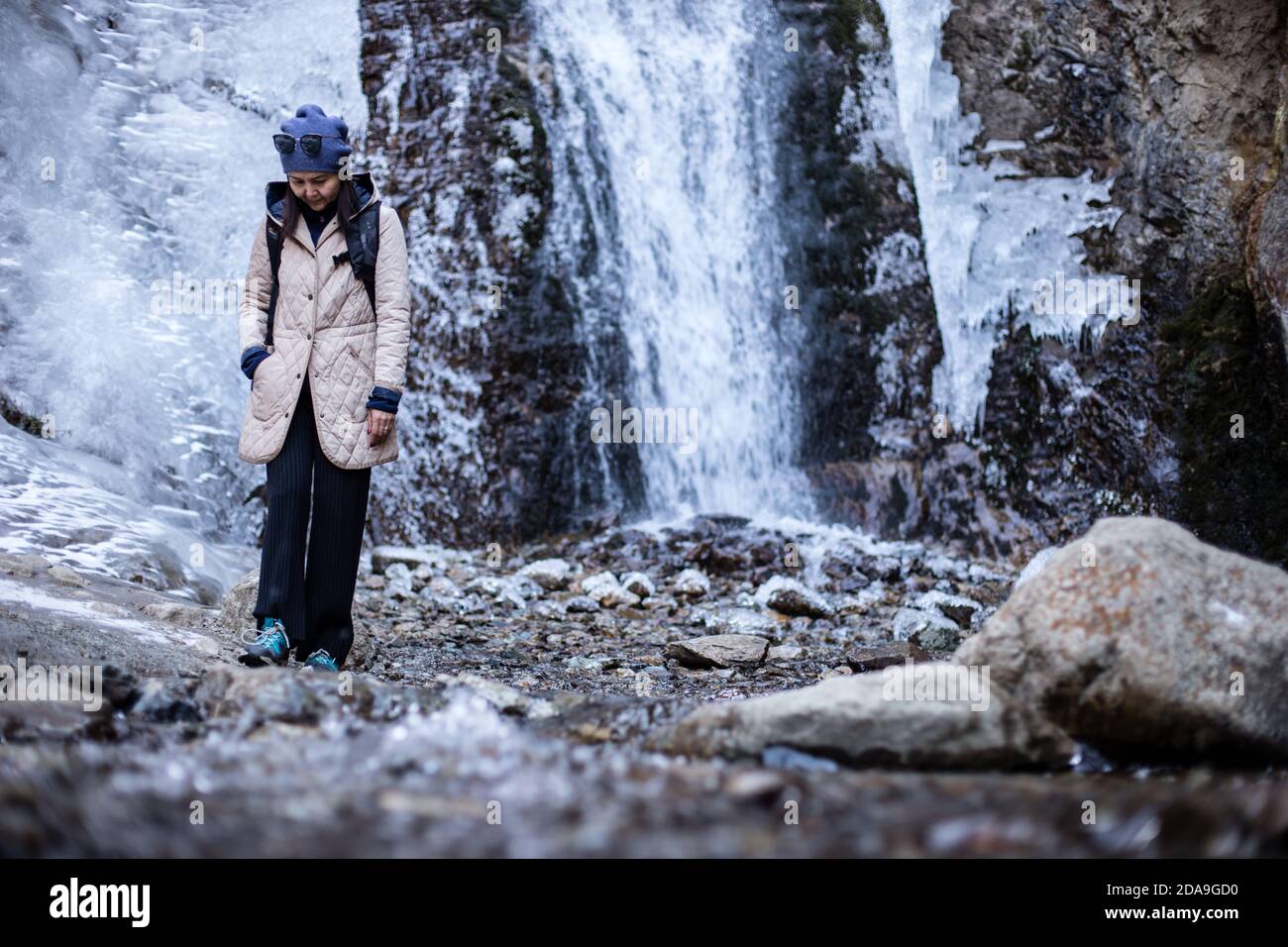 Hiking to the frozen waterfall at Issyk Ata in Kyrgyzstan's Chuy Oblast ...