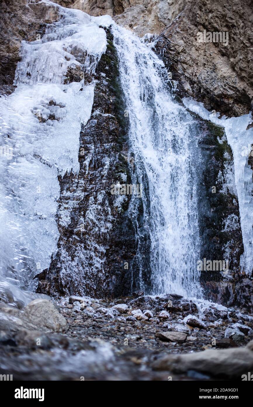 Hiking to the frozen waterfall at Issyk Ata in Kyrgyzstan's Chuy Oblast ...