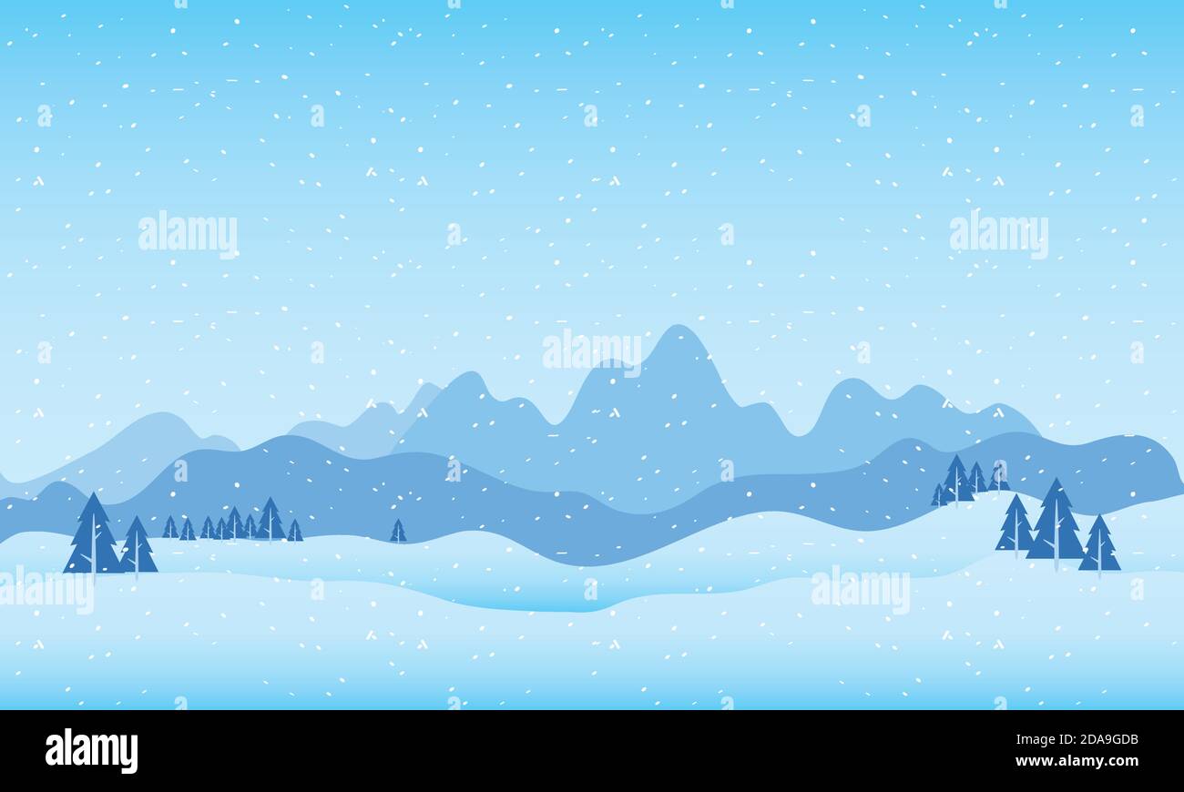 snow scape scene with mountains and pines trees vector illustration ...