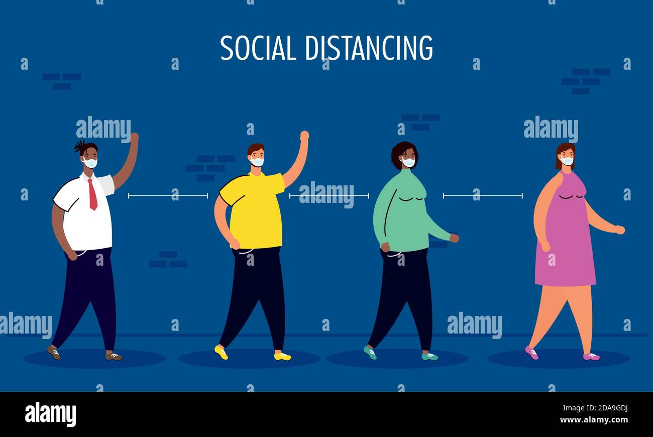 interracial people group practicing social distancing characters vector ...