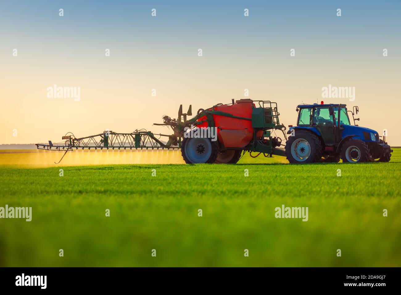 Farmer in tractor fertilizing wheat field,hdr nature landscape Stock ...