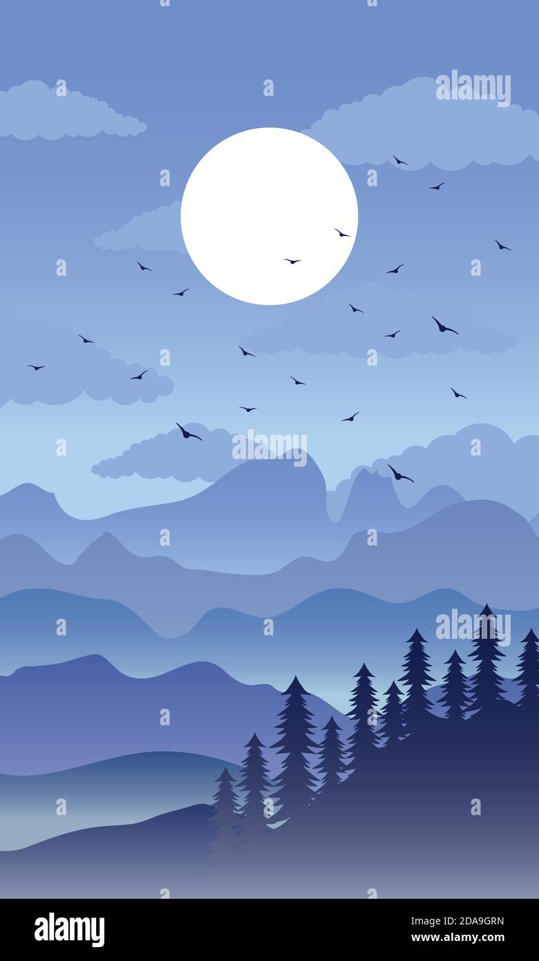beautiful landscape blue color scene with mountains and trees vector ...