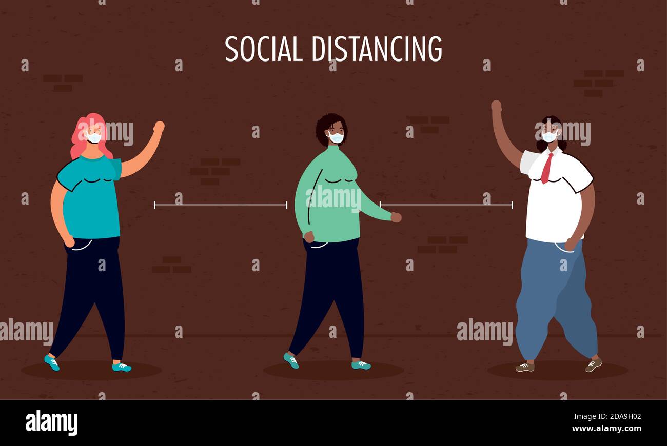 interracial women group practicing social distancing characters vector ...