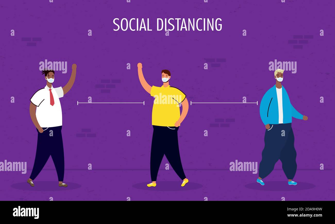 interracial men group practicing social distancing characters vector ...