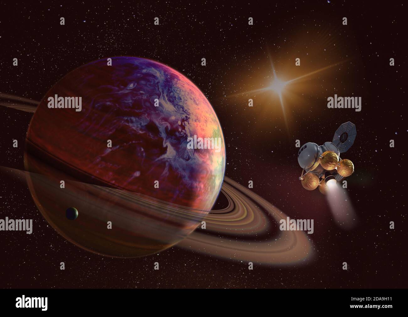 Spaceship on orbit of the Saturn planet. Exploration of the space. Sci ...