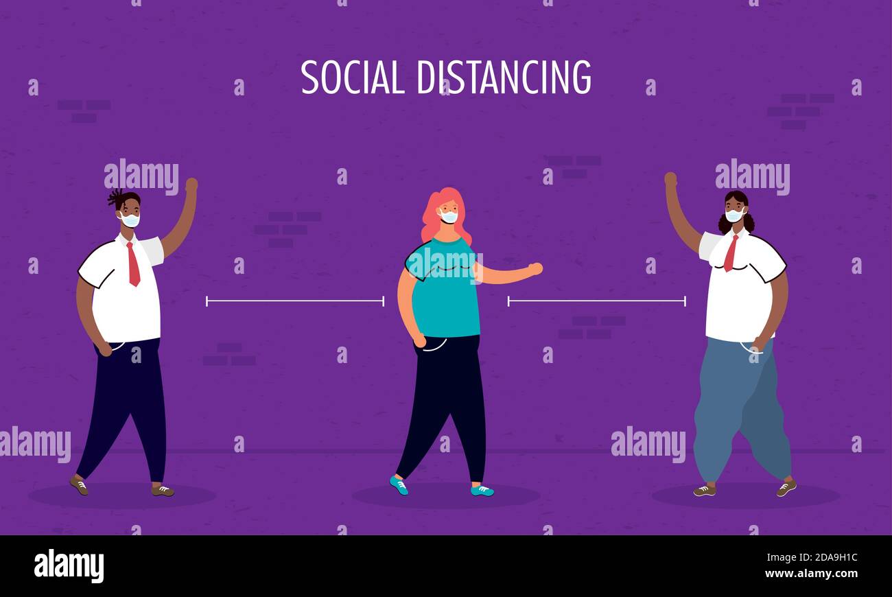 interracial people group practicing social distancing characters vector ...