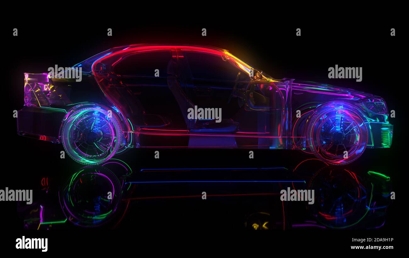 Glass car with neon lighting. The edges of the car are highlighted ...