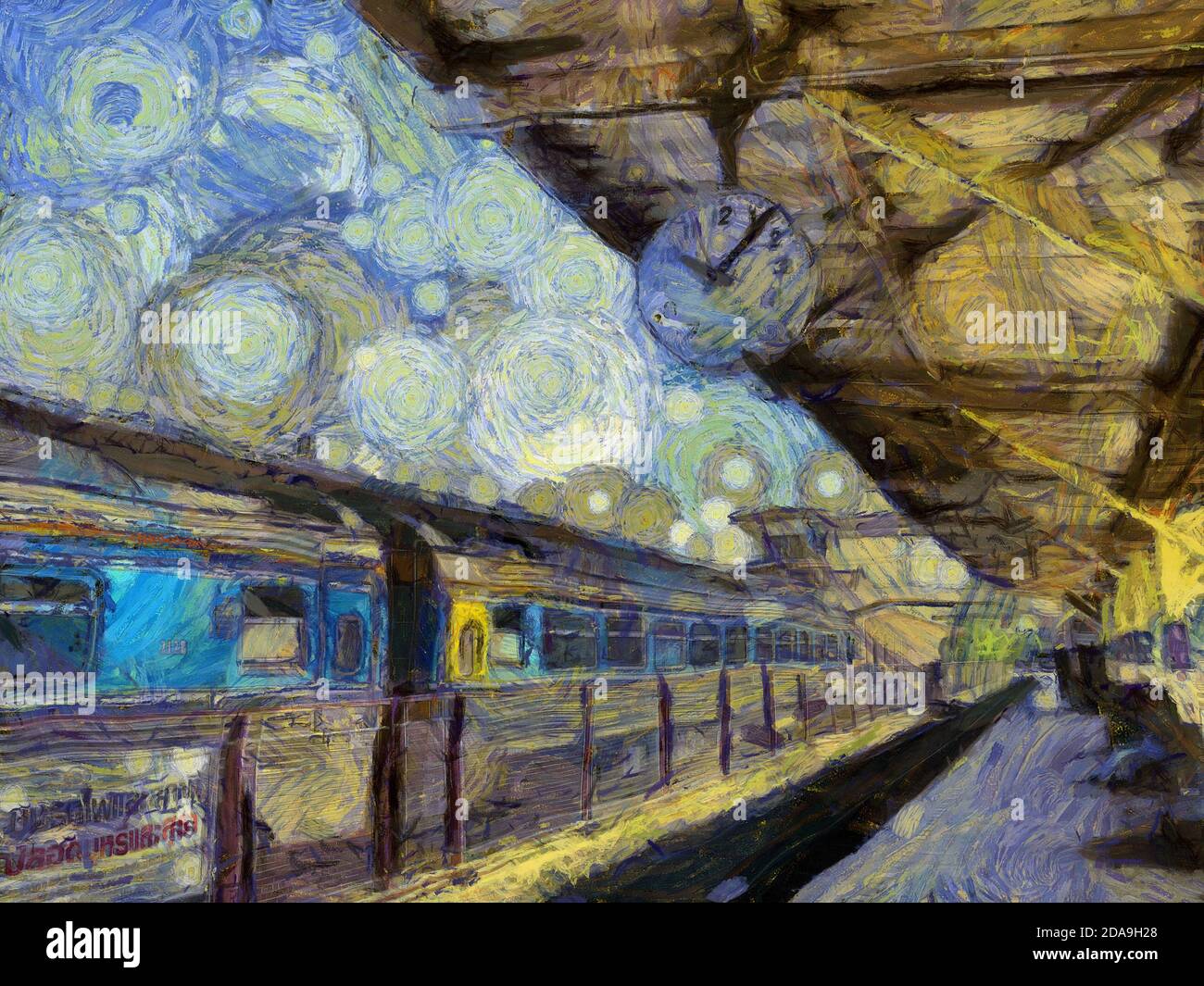 A big train station clock Illustrations creates an impressionist style ...