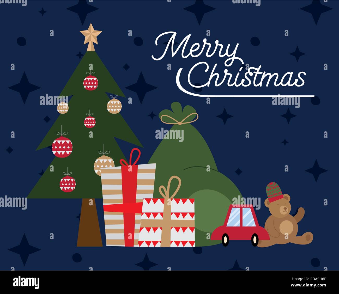 happy merry christmas pine tree with gifts and toys vector illustration ...