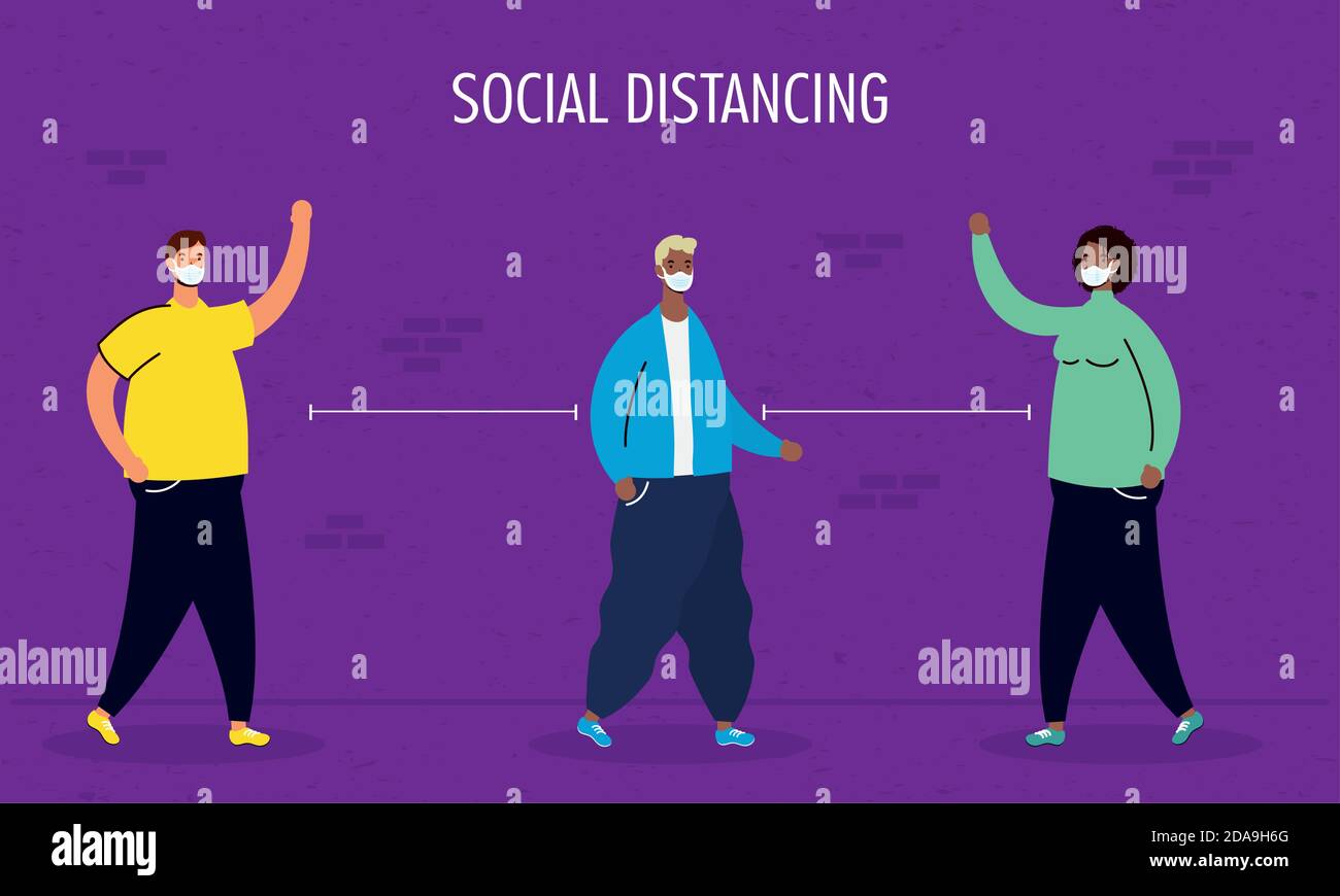 interracial people group practicing social distancing characters vector ...