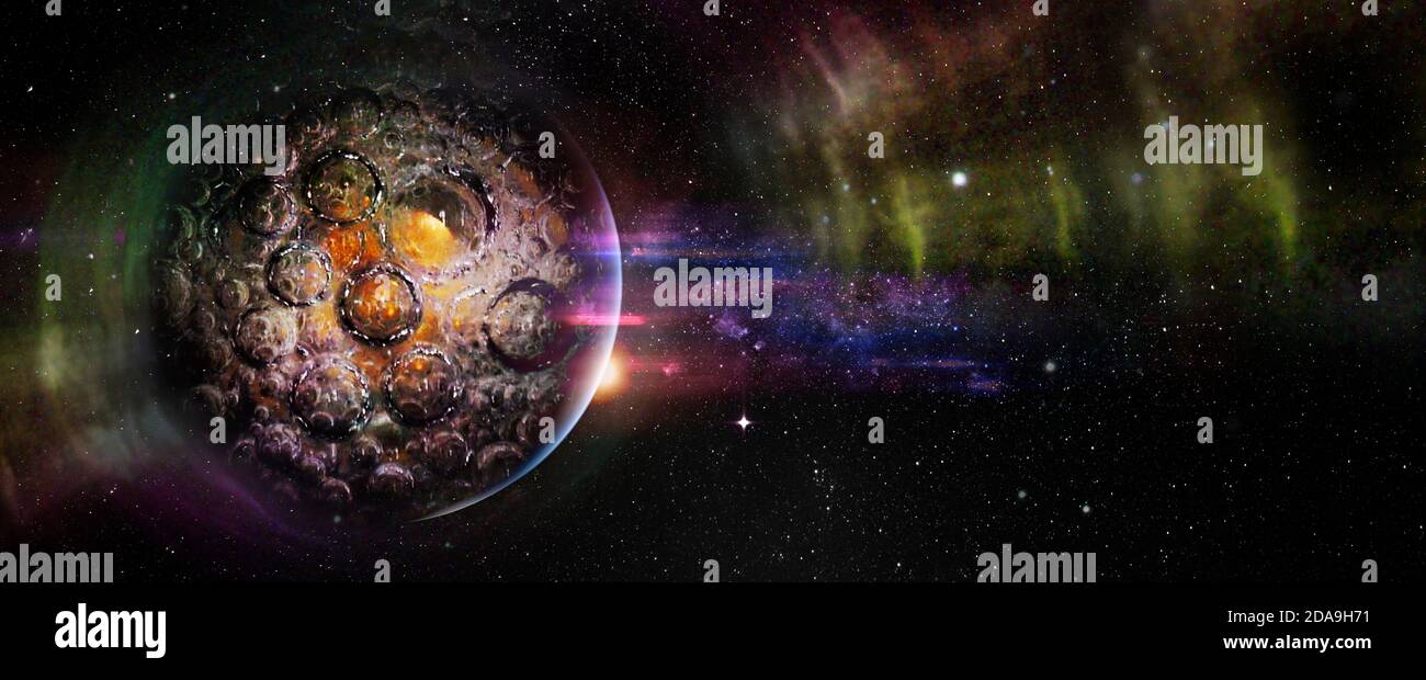 Planet with bubble shaped craters in outer space with light waves ...