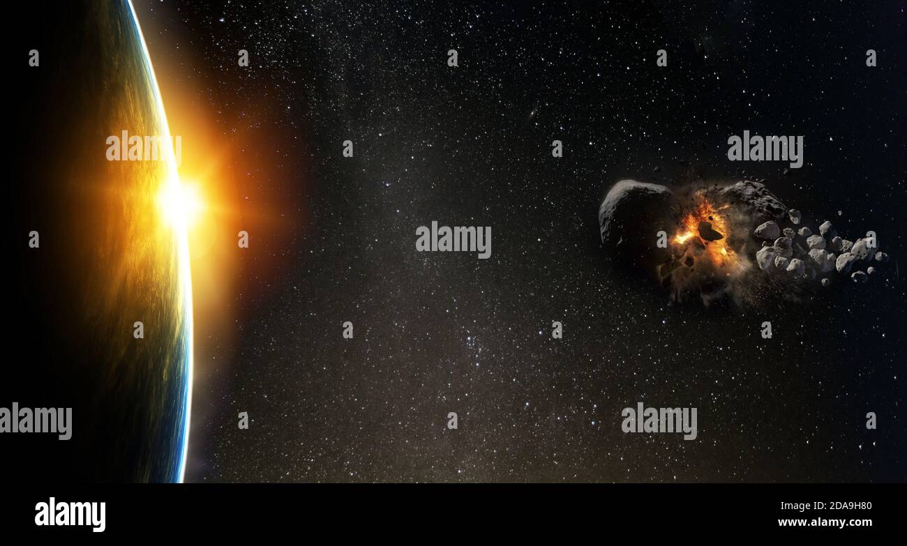 Asteroid flies near the earth orbit. Meteorite approaching Earth ...