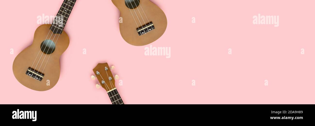 Banner with frame made of ukulele on a pink pastel background. Creative ...