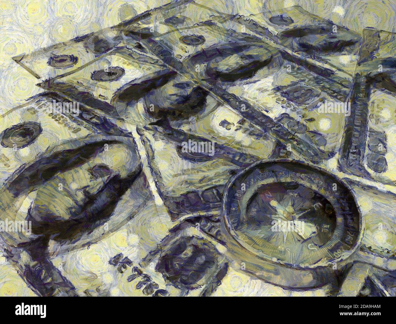 Several dollar bills and compasses Illustrations creates an ...