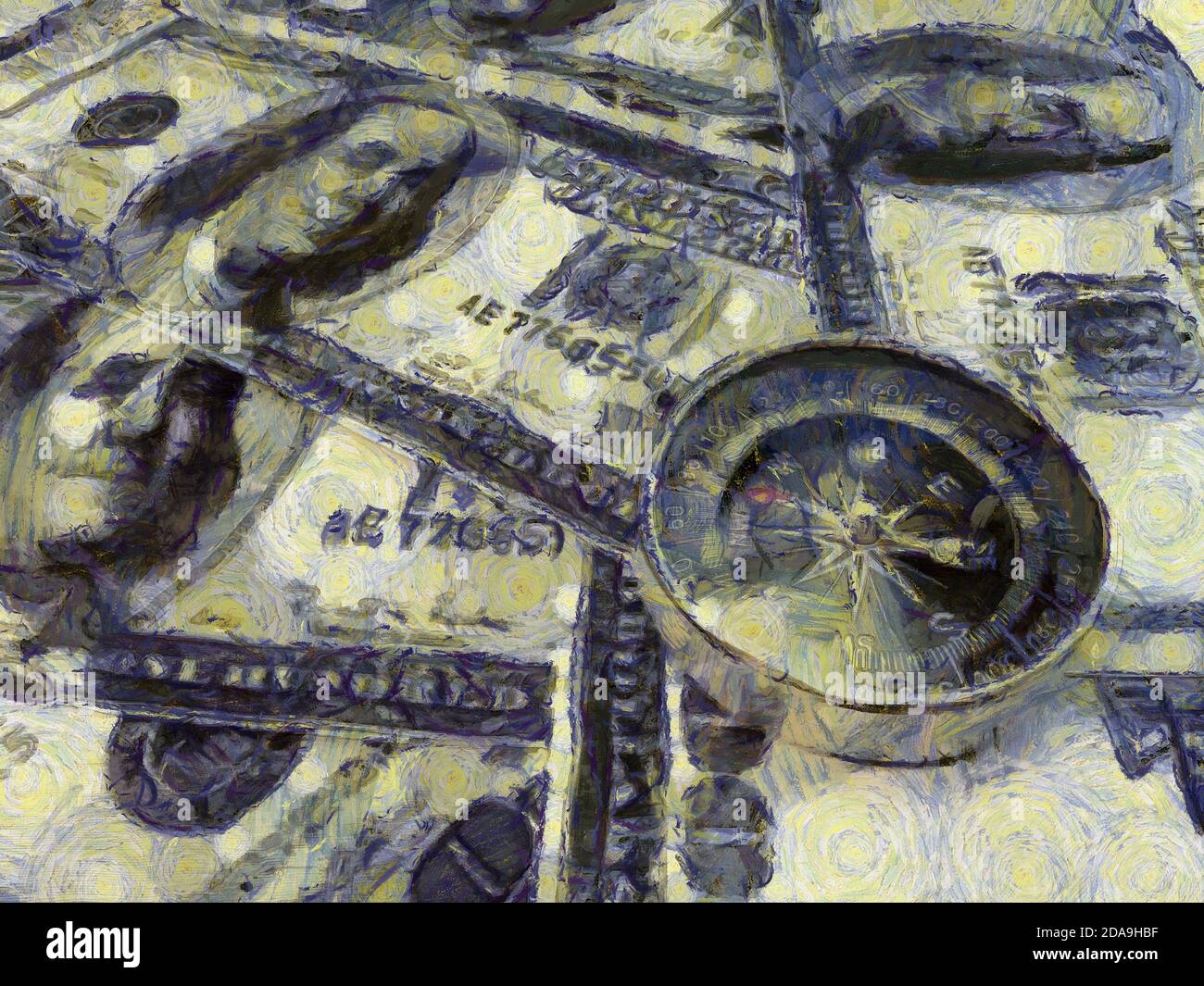 Several dollar bills and compasses Illustrations creates an ...