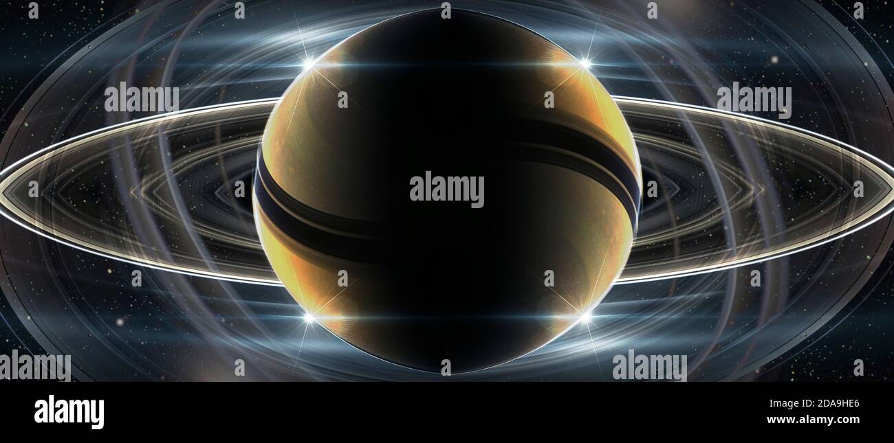 Saturn symmetric sci fi image. Sphere with dark center surrounded by ...