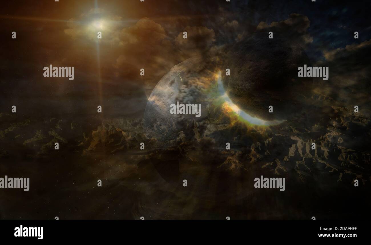 Extrasolar planet. Stone Planet with moon on background nebula ...