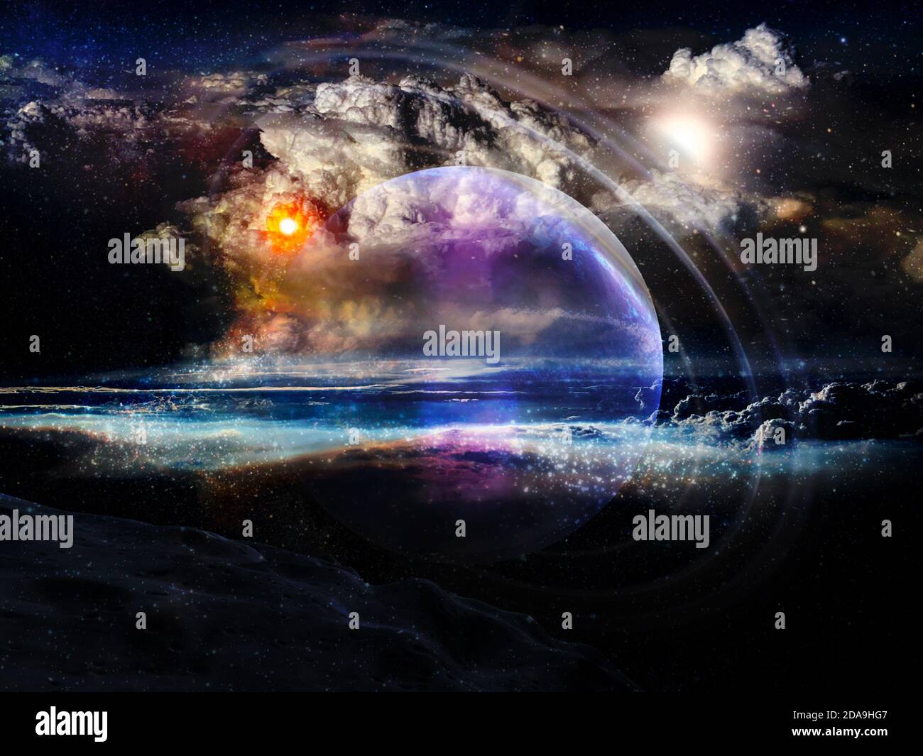 Alien planet with rings in clouds in outer space Stock Photo - Alamy