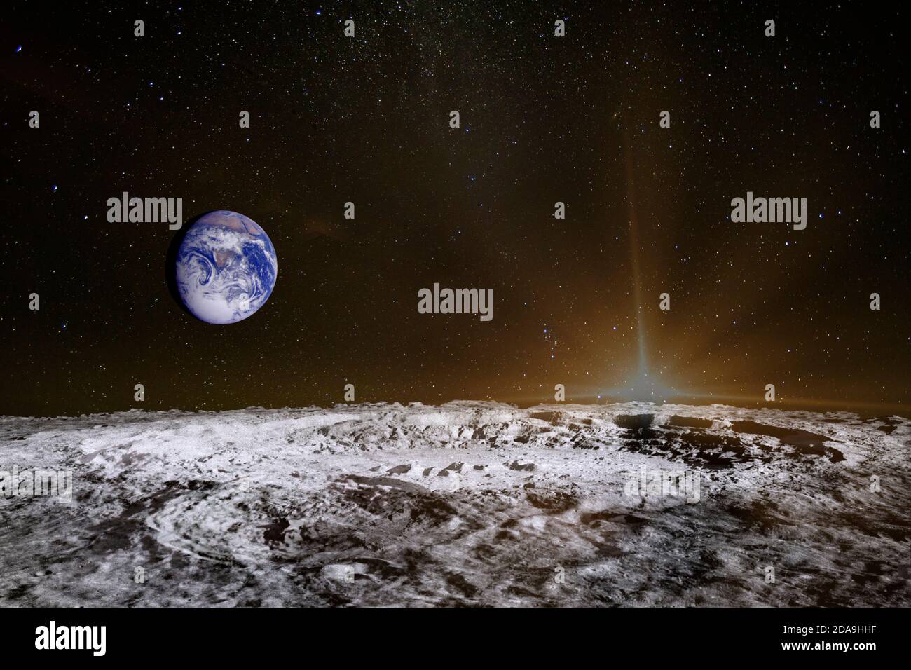 Sunrise above the moon surface. Blue Earth in the space. Moon is ...