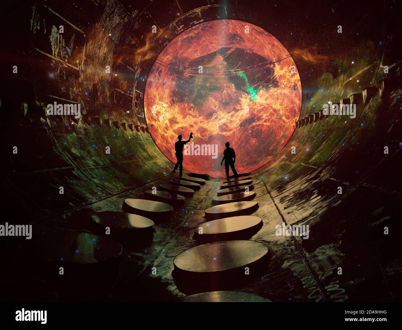 Space researchers stand inside a tech research ship and watch the sun ...