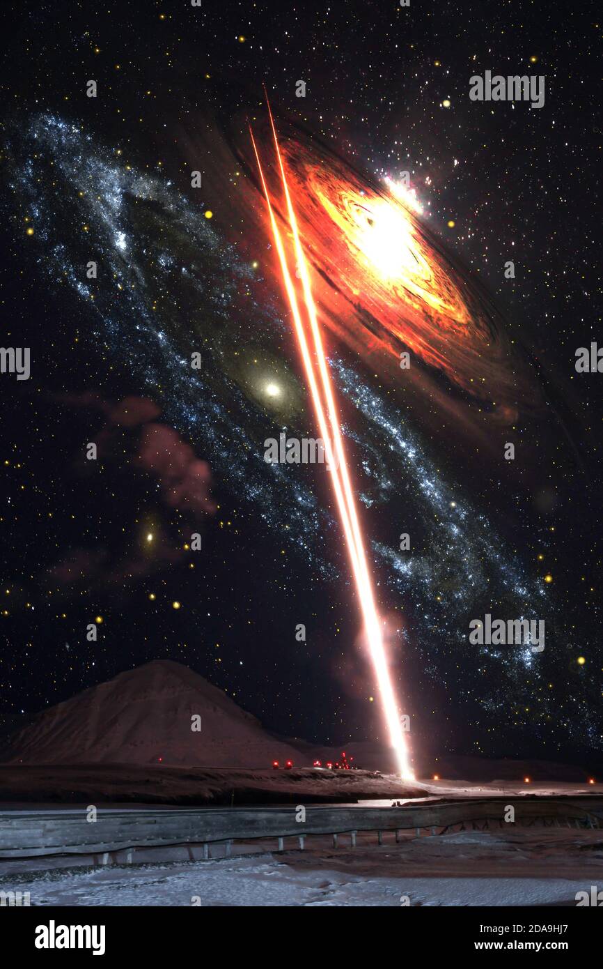 Creative launching rocket in starry dark sky exploration concept ...