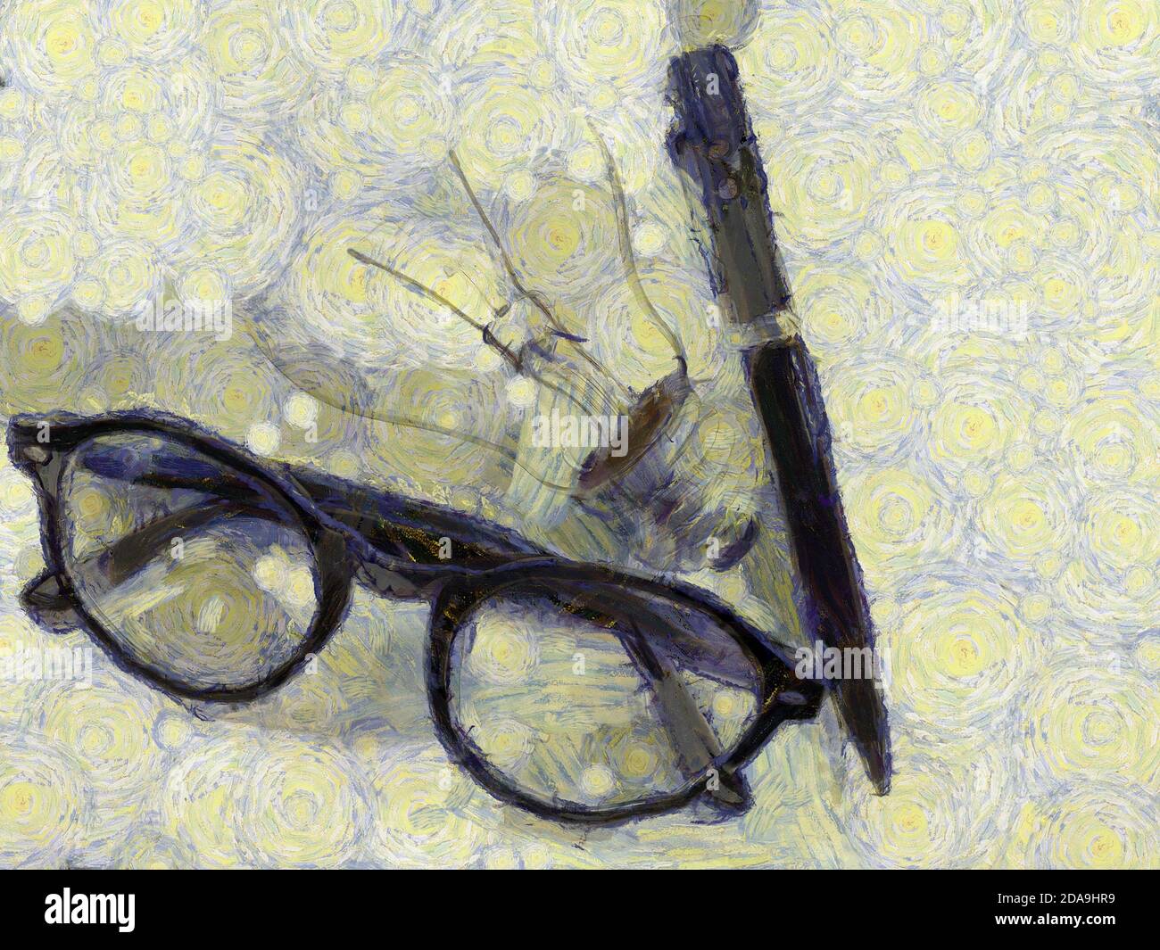 Black frame glasses and a black incandescent lamp and pen Illustrations ...