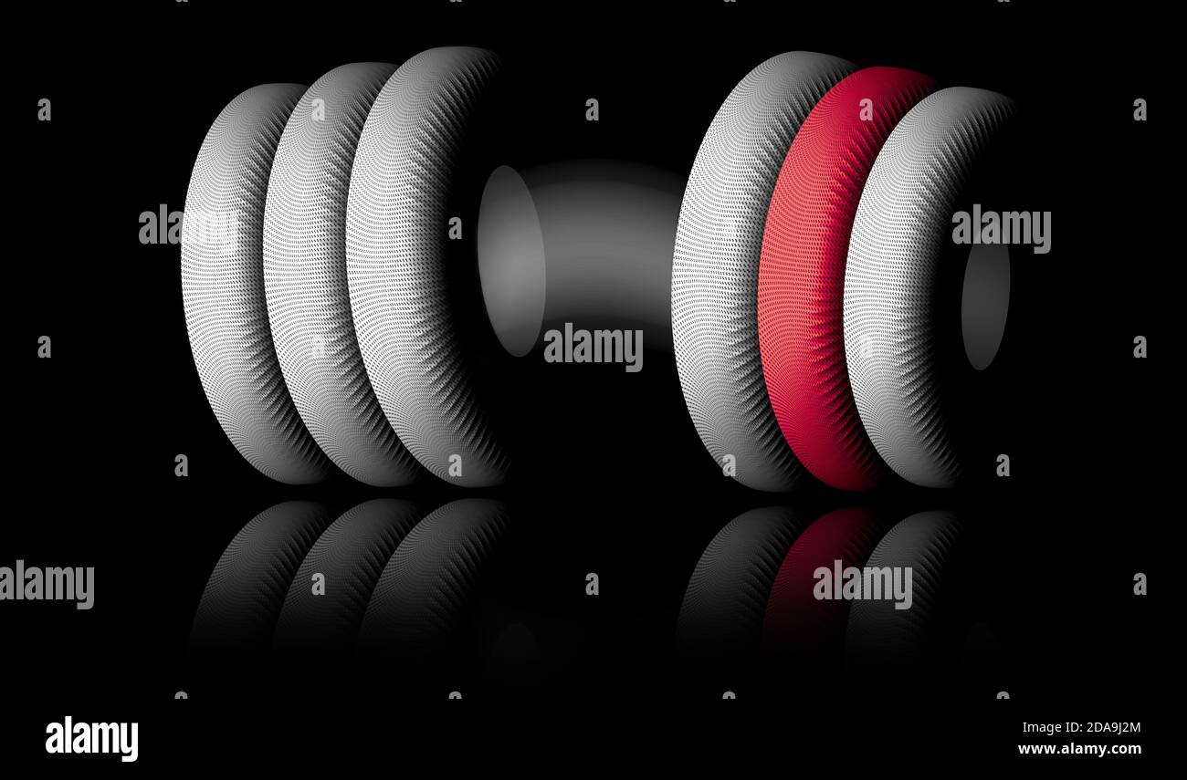 Dumbbells 3d rendering illustration of a curved shape with one red disc ...