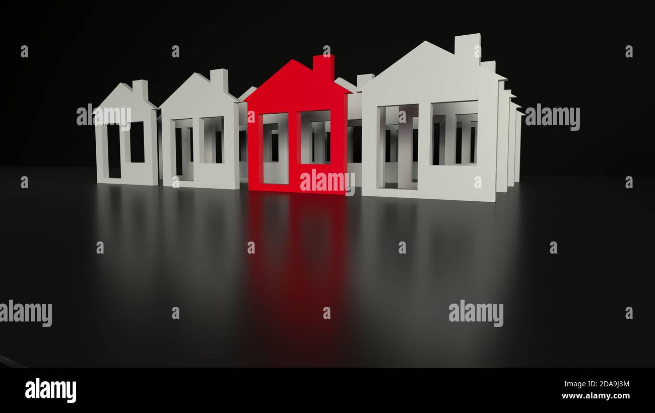 Red cozy house in front of group of white houses on black background ...