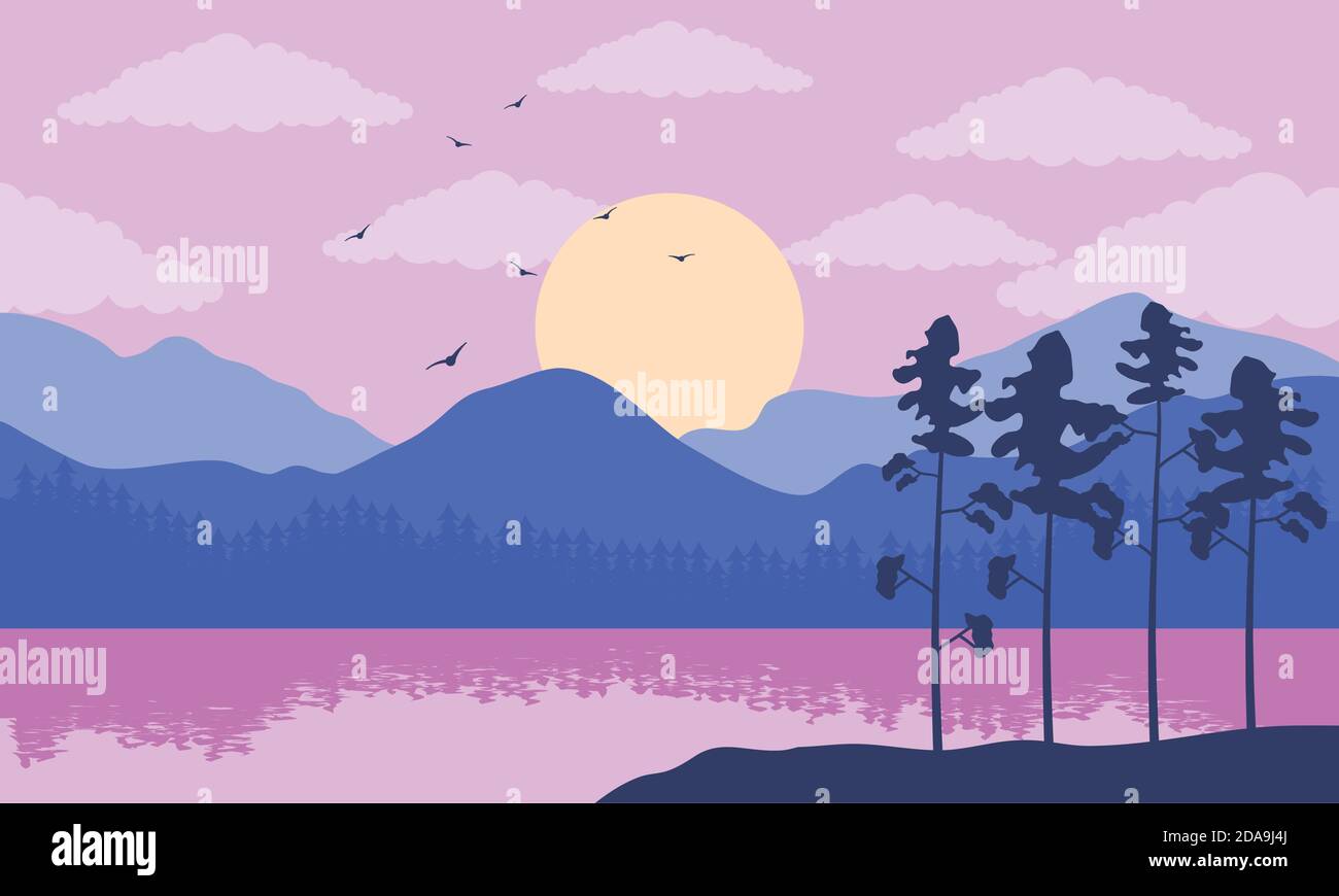 beautiful landscape scene with purple color lake and trees vector ...