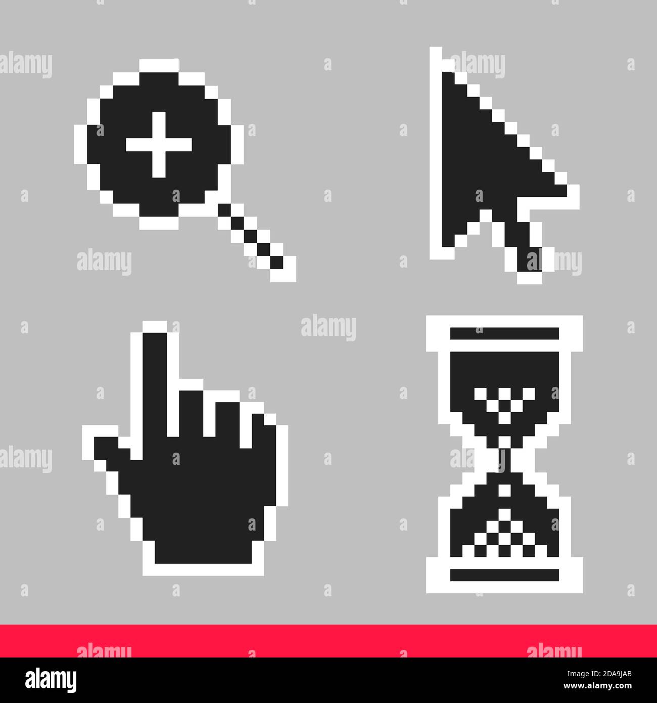 Black and white arrow, hand, magnifier and hourglass pixel mouse cursor ...