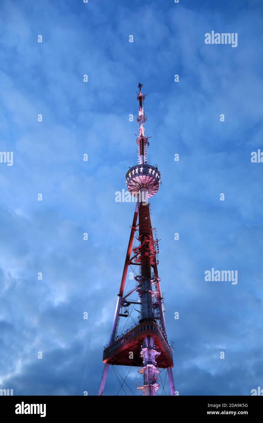 View of telecommunication tower at night, Tbilisi, Georgia Stock Photo ...