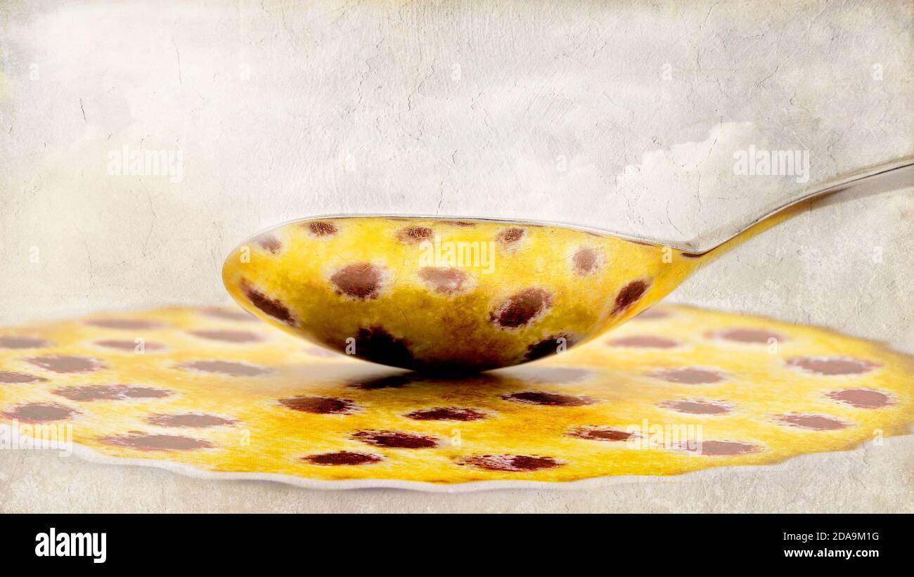 A dessert spoon reflecting a photograph of a colorful pie Stock Photo ...